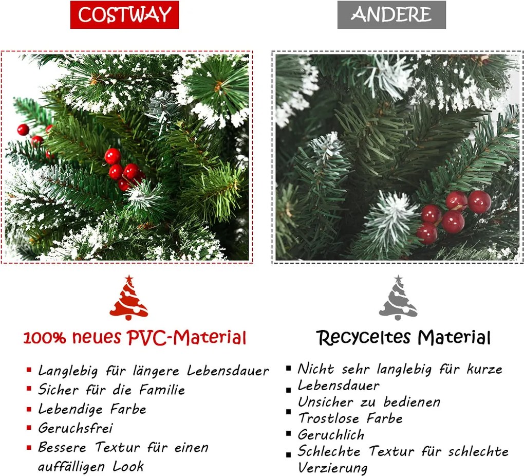 Costway 180 cm Umělý vánoční stromek se sněhovými vločkami, červenými bobulemi