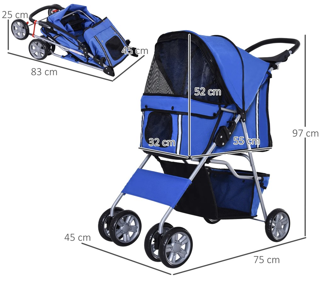PawHut Kočárek pro psy Dog Buggy Pet Dog Buggy Stroller Jogger Trailer Blue | Aosom