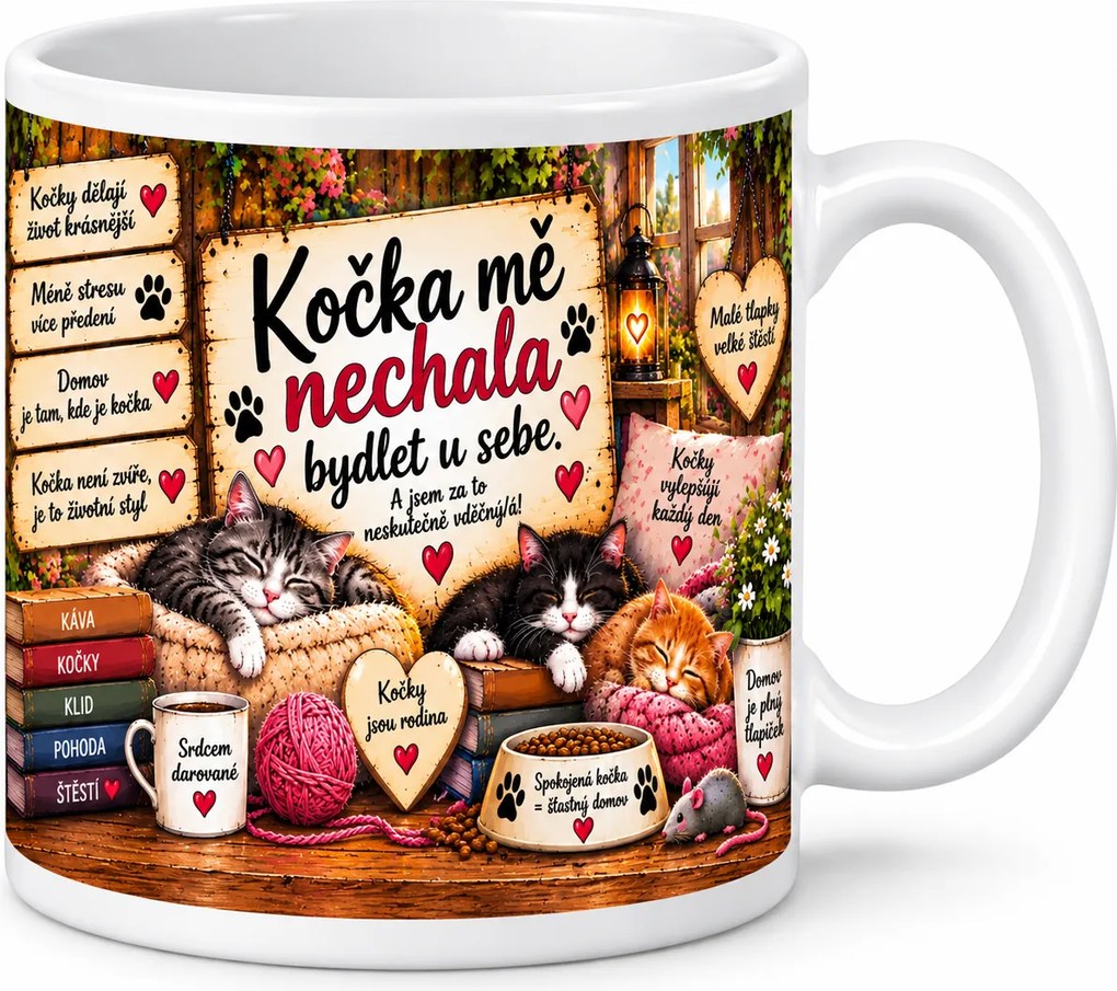 Vtipný hrnek pro milovníky koček – Kočka mě nechala bydlet u sebe – 300 ml