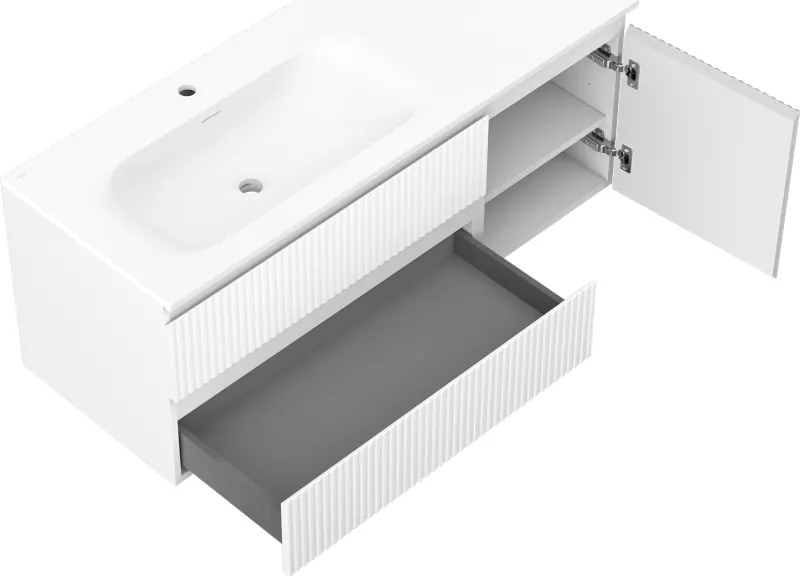Mexen Rivel, koupelnová skříňka 120 cm s levým umyvadlem Vela, 2S, 1D, drážkovaná, bílá matná, 91A23-12047-3-BBFFF01-W23L01