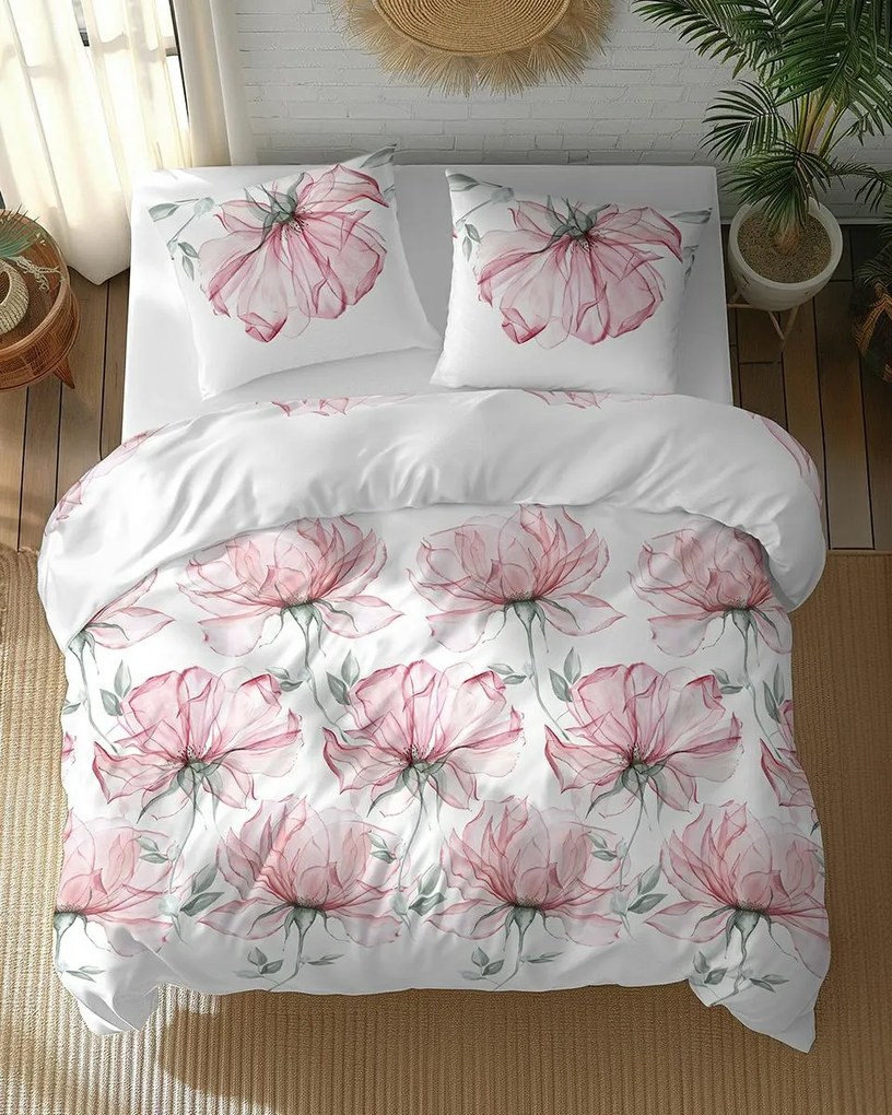 Detexpol Bavlněné ložní prádlo 160x200 bílé s velkými růžovými květy – 5770 A – Cotton Bloom