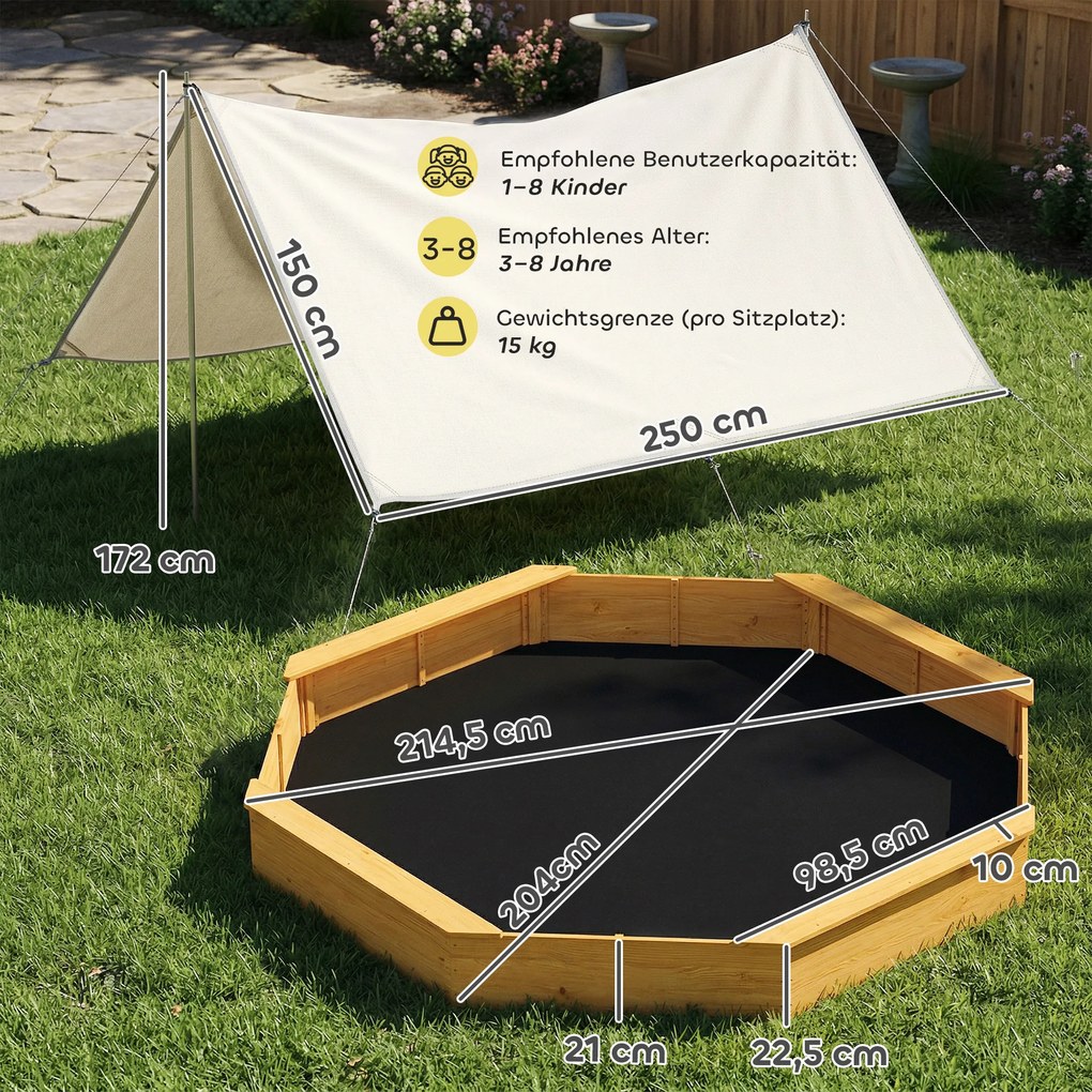 AIYAPLAY Pískoviště s střechou, 4 lavice, podložka pro 8 dětí ve věku 3-8 let, pro venkovní zahradu, dřevo, 214,5 x 214,5 cm, žlutá