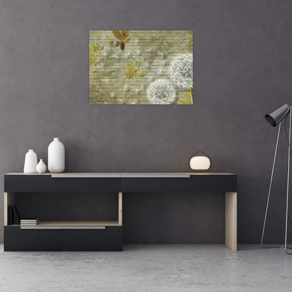 Skleněný obraz - Pampelišky unášené větrem (70x50 cm)