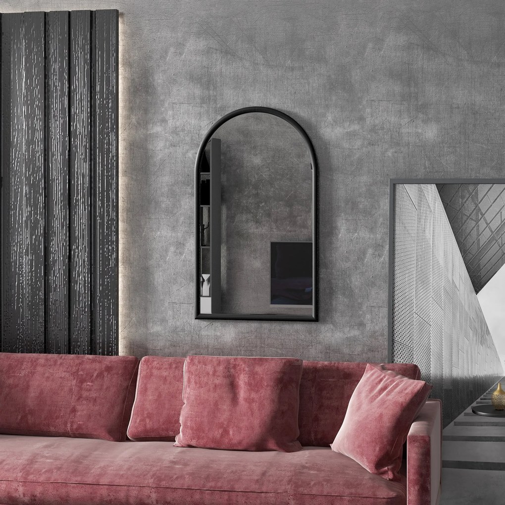 HOMCOM nástěnné zrcadlo s obloukem, 110 x 65 cm, dřevěný rám, obloukové zrcadlo pro obývací pokoj, ložnici, chodbu, černé
