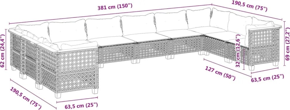 10dílná zahradní sedací souprava s poduškami šedá polyratan 3262023