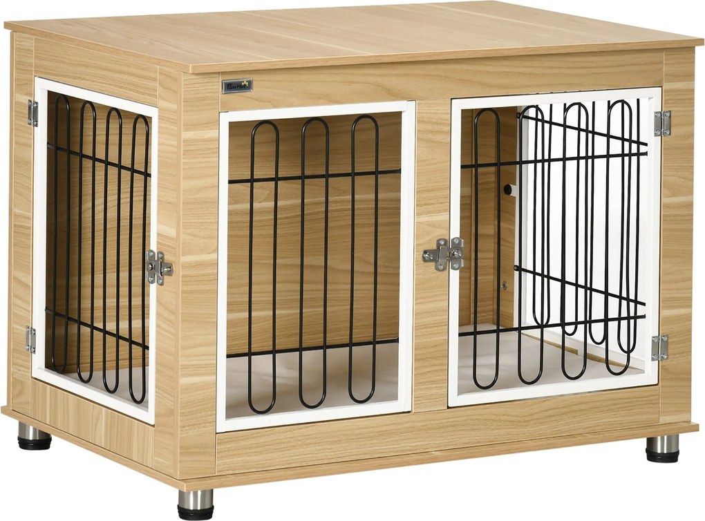 Nábytek pro psy PawHut - klec s 2 dveřmi, polštářem a 2 zámky, kovová boudička pro velké psy do 25 kg, boční stolek, rozměr 90 x 58 x 65 cm, dub | Aos