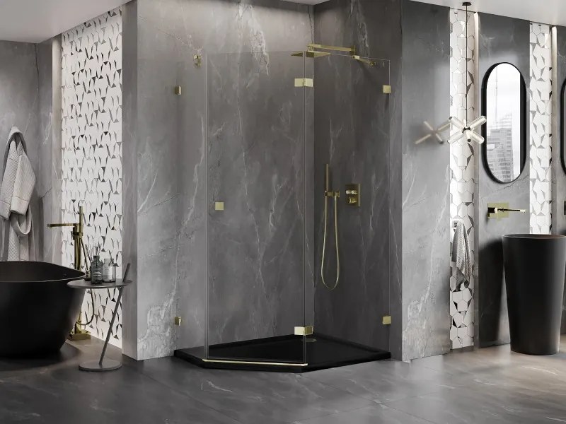 Mexen Lunar, výklopný pětiúhelníkový sprchový kout pravý 100 x 90 cm, 8mm čiré sklo, zlatý profil, 831-100P-090L-50-00-P