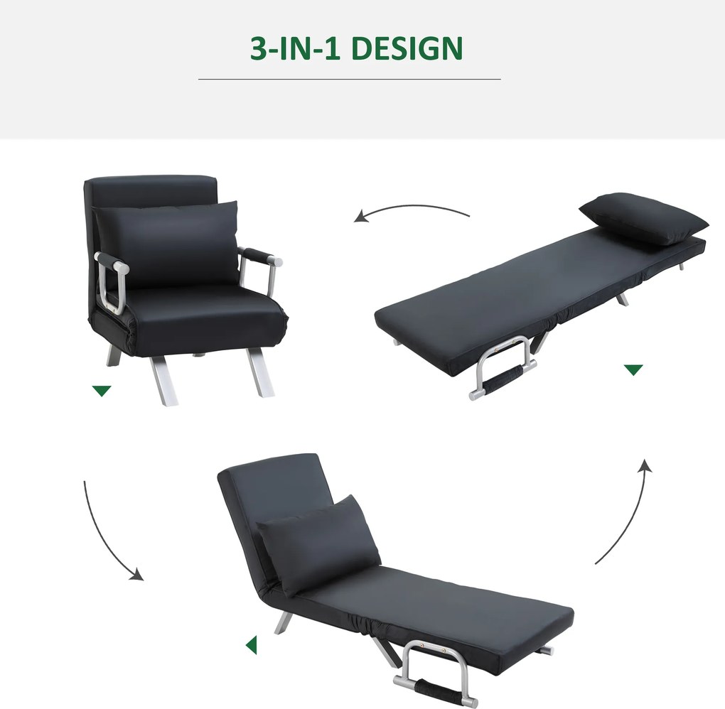HOMCOM Rozkládací pohovka 2 v 1 s nastavitelným opěradlem 65L x 77W x 80H cm, snímatelný potah, polštáře, robustní a nerezavějící, polyester černá | …