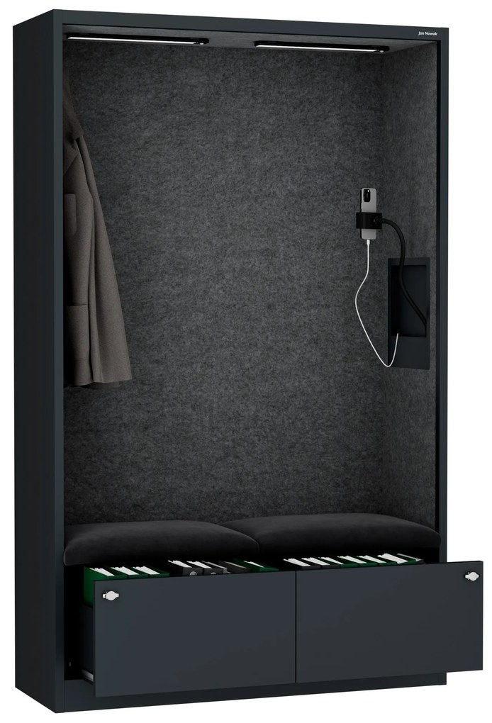 Kancelářská akustická kabina se sedátkem a USB-C portem, korpus antracitový / sedák tmavě šedá, 1150 mm: SALLY MentalBox