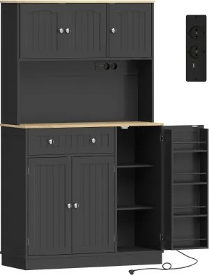HOMCOM vysoká kuchyňská skříň, kuchyňská skříňka, nabíjecí stanice, 6 dveří, pracovní deska, držák na koření, 100x40x173 cm, černá