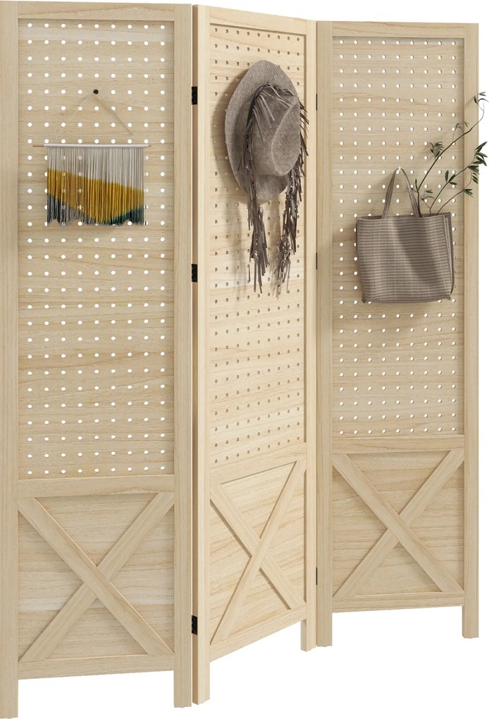 HOMCOM vnitřní paraván ze dřeva, 3 panely, skládací příčka, děrovaný panel, 114 x 1,7 x 144,5 cm, přírodní dřevo