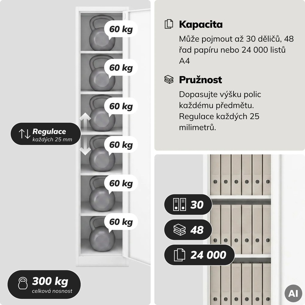 Kartotéková skříň na spisy uzamykatelná na klíč vysoká bílá, 450x2200x400 mm: ALEX H2200