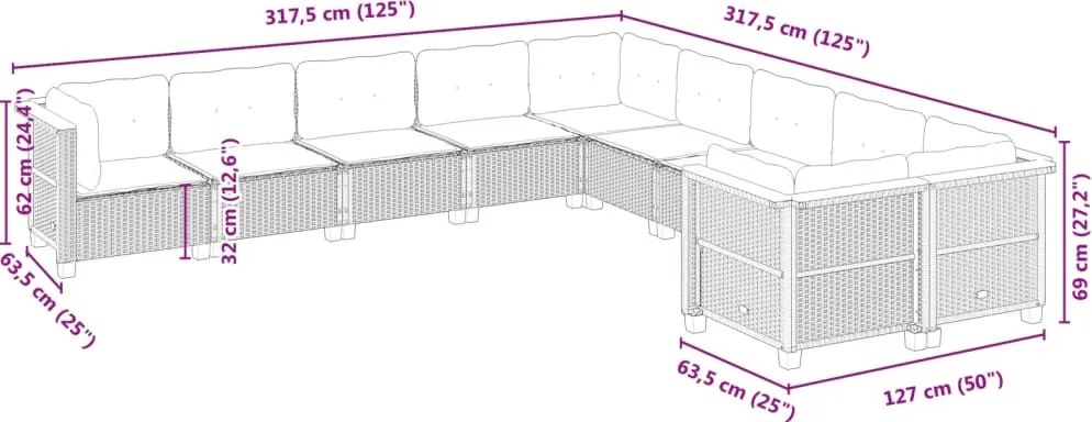 10dílná zahradní sedací souprava s poduškami černá polyratan 3262043