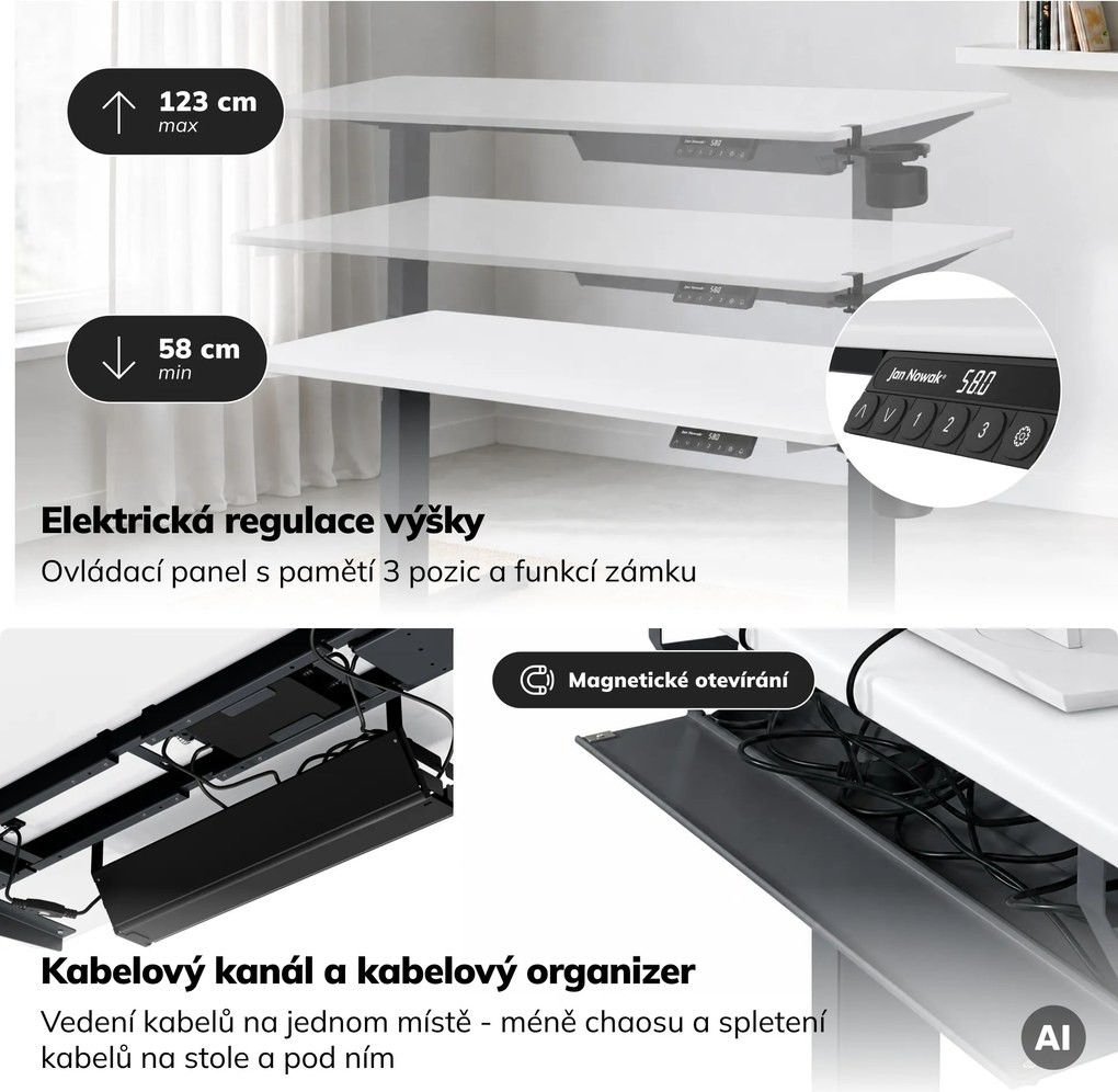 Elektrický stůl s nastavením výšky ergonomický antracitově-bílý, 1400x700 mm: ARIA