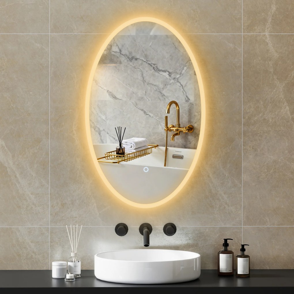 HOMCOM koupelnové zrcadlo s osvětlením 80 x 50 cm, oválné LED zrcadlo, proti zamlžení, 3 barvy světla, stmívatelné, transparentní