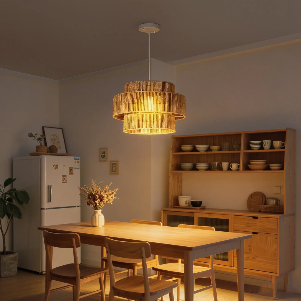 HOMCOM Závěsná lampa, 3stupňové stínidlo, kov, konopné lano, světle hnědá B31-521V00LR