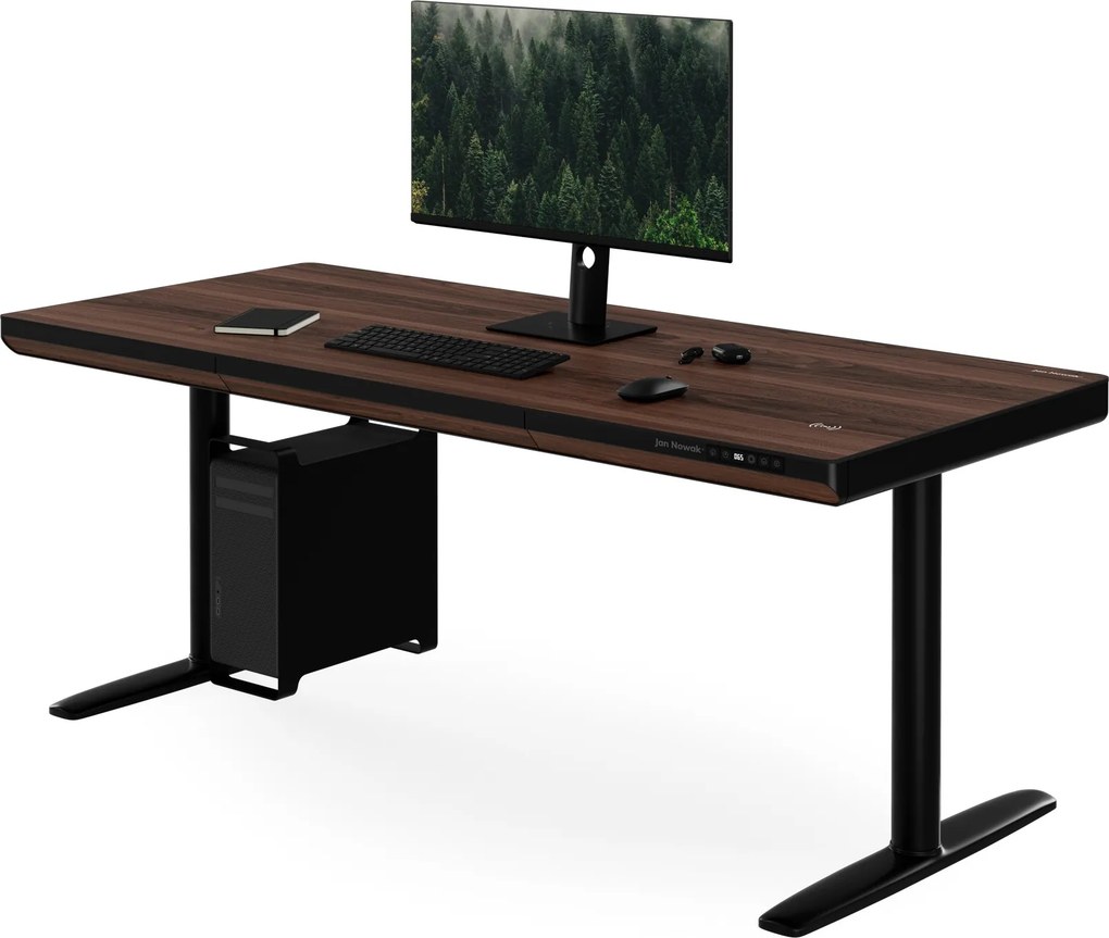 Elektrický psací stůl sit-stand se zásuvkou a bezdrátovou nabíječkou Qi černý/ořech, 1600 mm: ELLIS