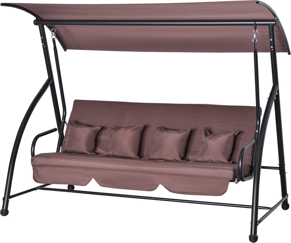 Outsunny Hollywoodská houpačka do zahrady, závěsná lavička pro 3 osoby s nastavitelnou střechou a funkcí lehátka, polyester hnědý 215 x 120 x 165 cm |