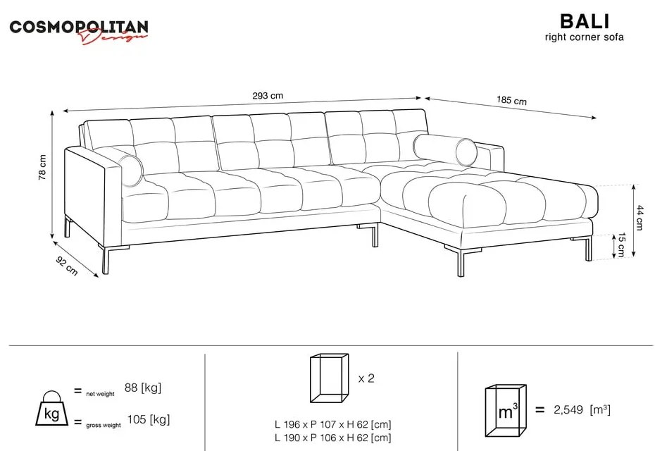 Tmavě šedá sametová rohová pohovka Cosmopolitan Design Bali, pravý roh