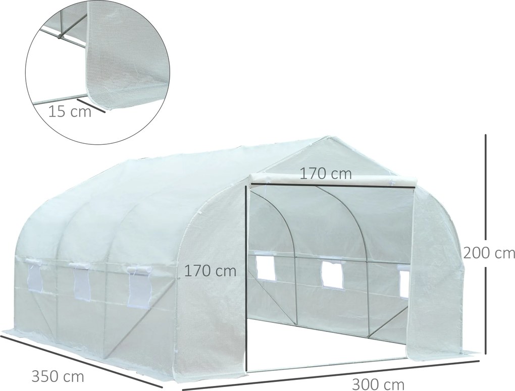 Fóliový skleník Outsunny 3,5x3x3m s UV ochranou, odolný proti větru, síťované okno, ideální pro rajčata a rostliny na zahradě nebo balkoně, kov, bílý…