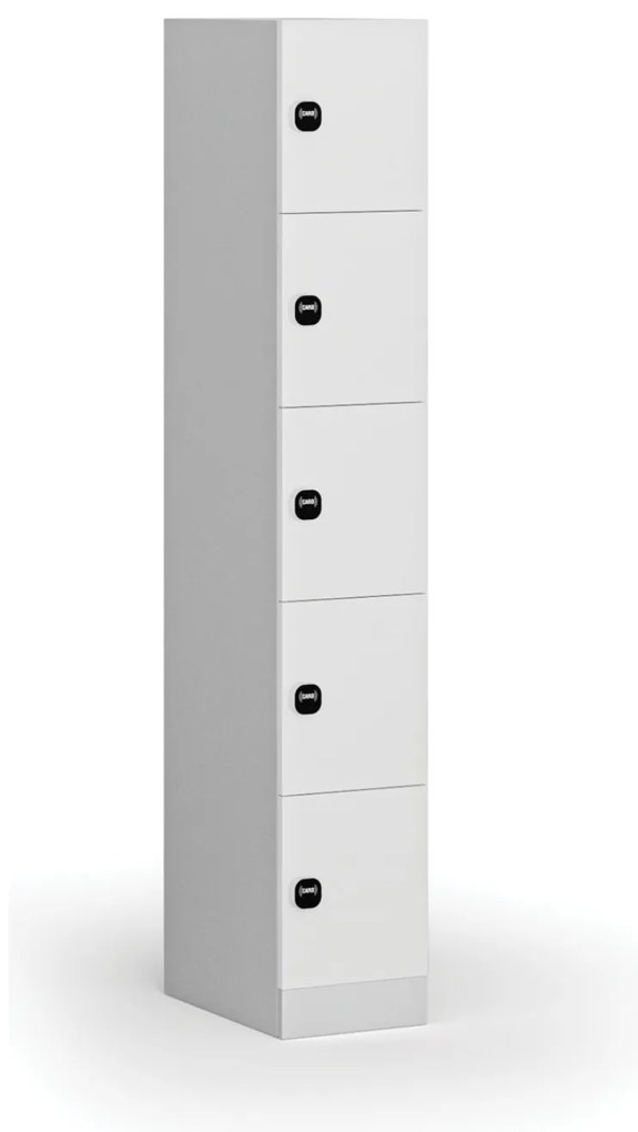 Šatní skříňka S1 s úložnými boxy, 5 boxů, 1850 x 300 x 500 mm, RFID zámek, laminované dveře, bílá