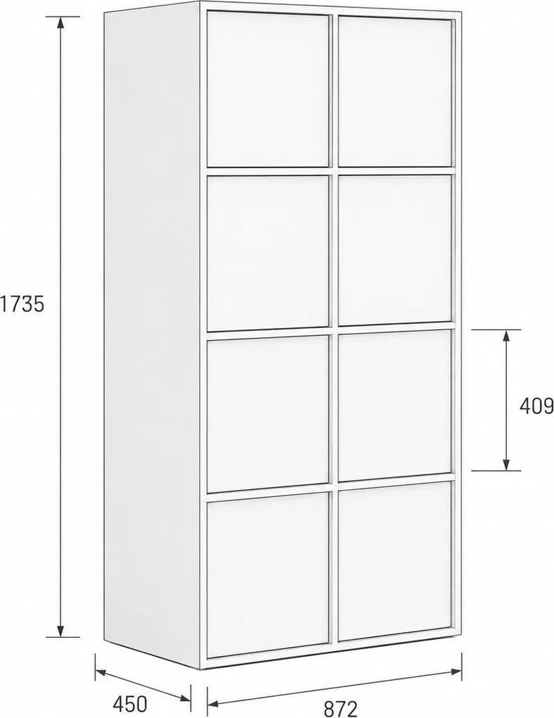 Kancelářská skříň FRAME, 8x dveře, 872 x 450 x 1735 mm, PUSH-lock, bílá