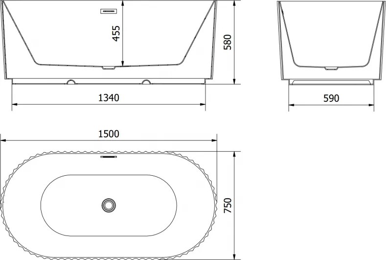 Mexen Paola, volně stojící vana, drážkovaná, 150 x 75 cm, černá matná, zlatý lesklý přepad, 52721507571-50