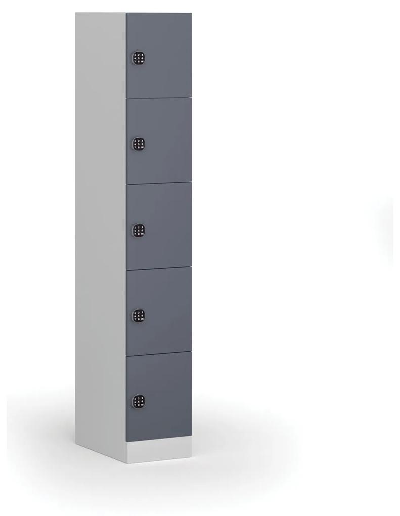Šatní skříňka s úložnými boxy, 5 boxů, 1850 x 300 x 500 mm, kódový zámek, tmavě šedé dveře