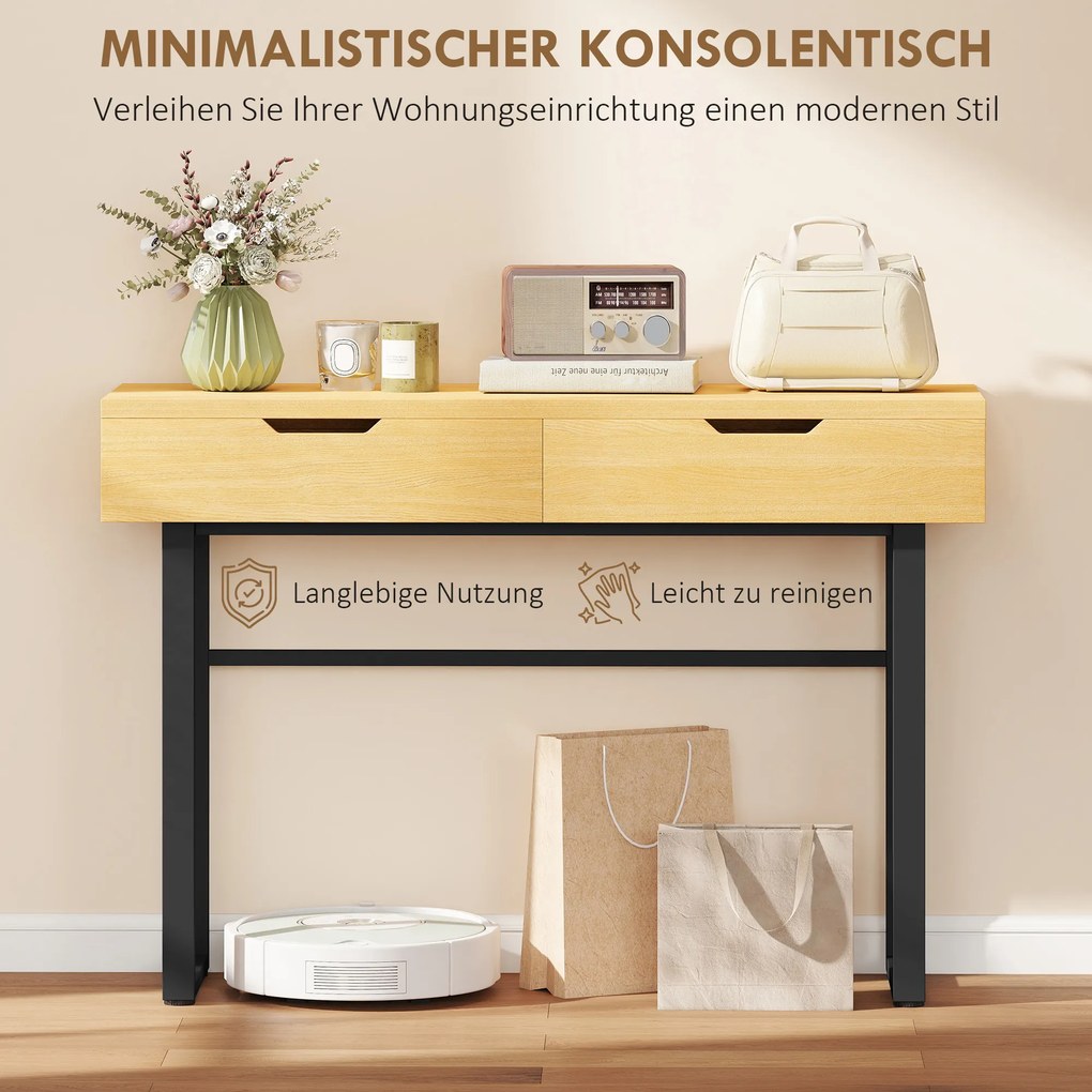 HOMCOM Úzký konzolový stolek se 2 zásuvkami, průmyslový kovový rám, přírodní – 110 × 35 × 76,5 cm
