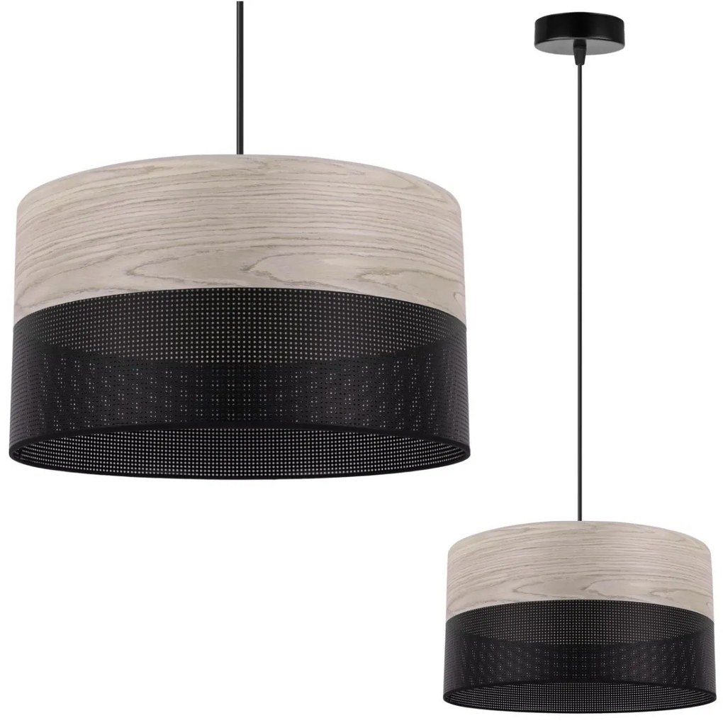 Závěsné svítidlo Wood, 1x světle béžová dubová dýha/černé plastové stínítko, (fi 30cm)