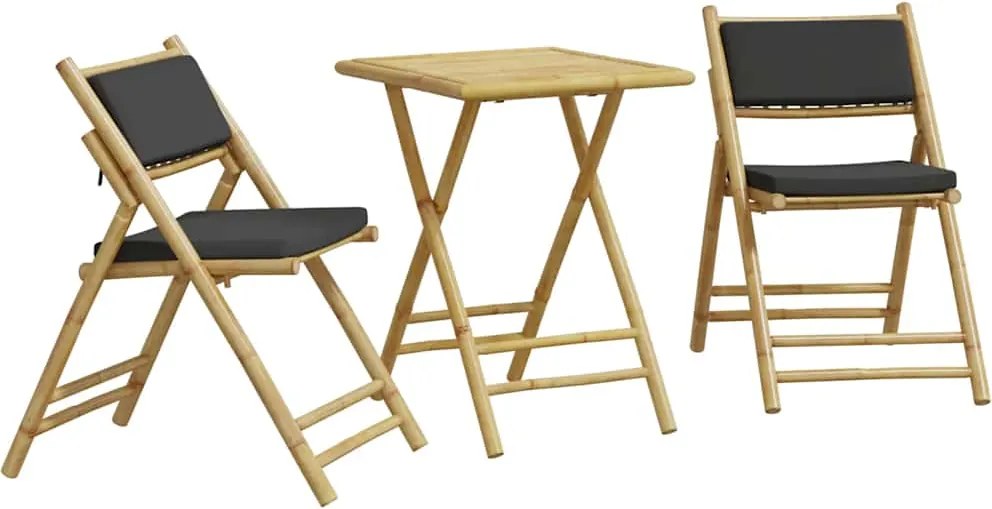 3dílný skládací bistro set s tmavě šedými poduškami bambus 3208934