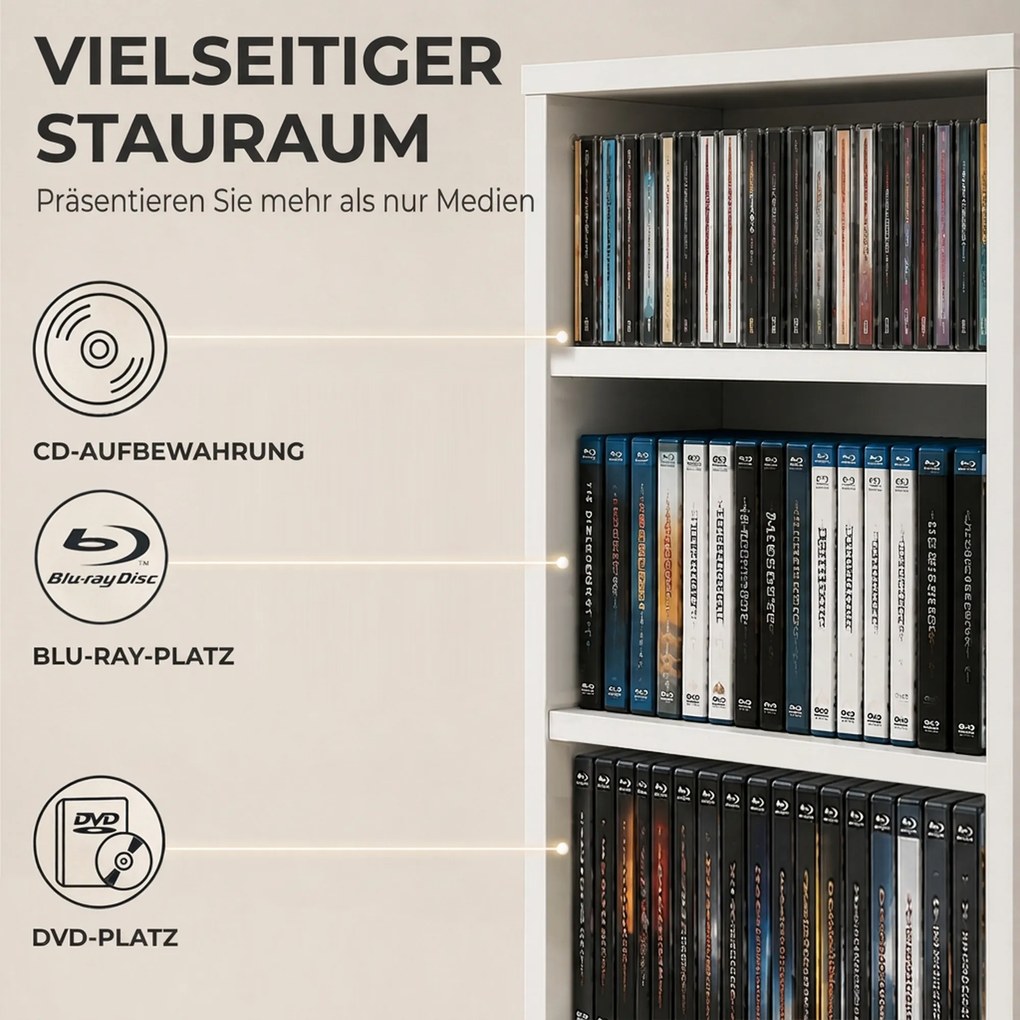 HOMCOM Police na CD/DVD, 9 úrovní, úzká volně stojící police se 6 nastavitelnými policemi, pro 260 CD, bílá
