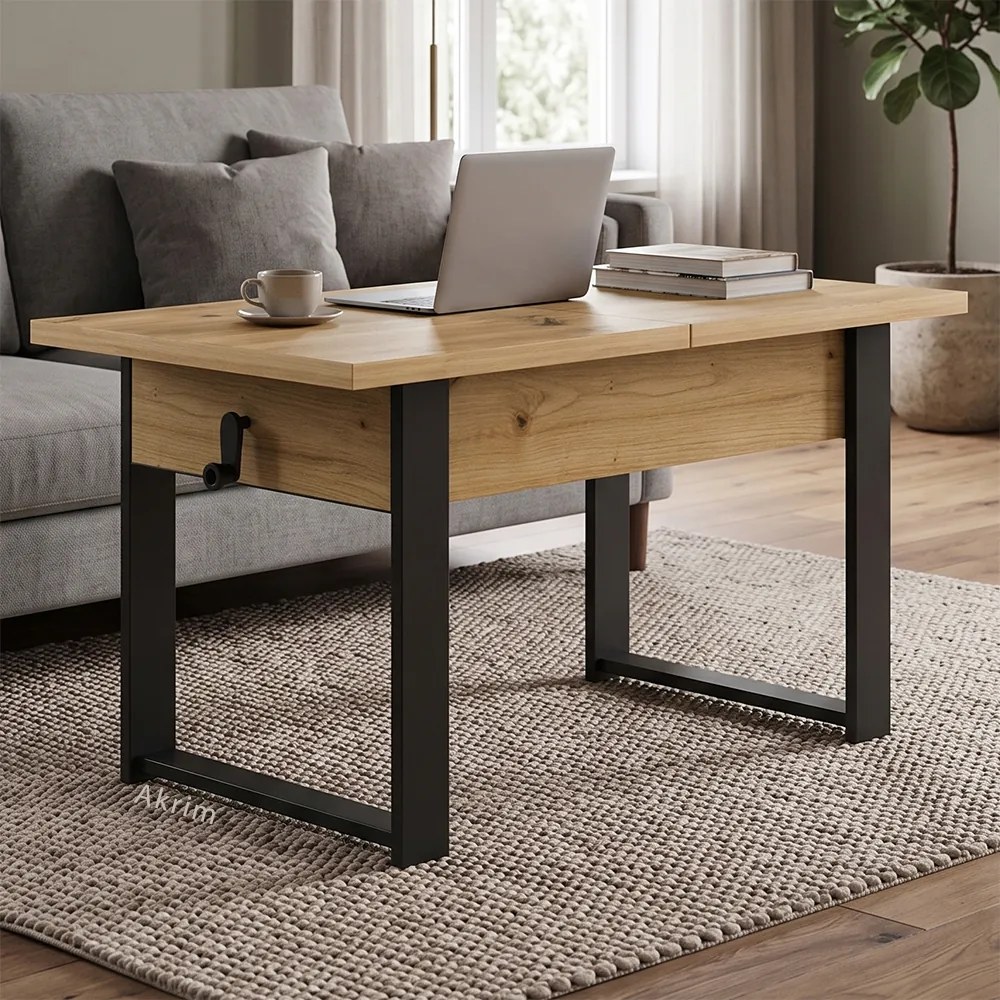 Rozkládací polohovací konferenční stolek HOGO 3v1 | 120-157x62,5-74,5x67 cm | síla horní desky 32 mm | dub artisan/černé nohy