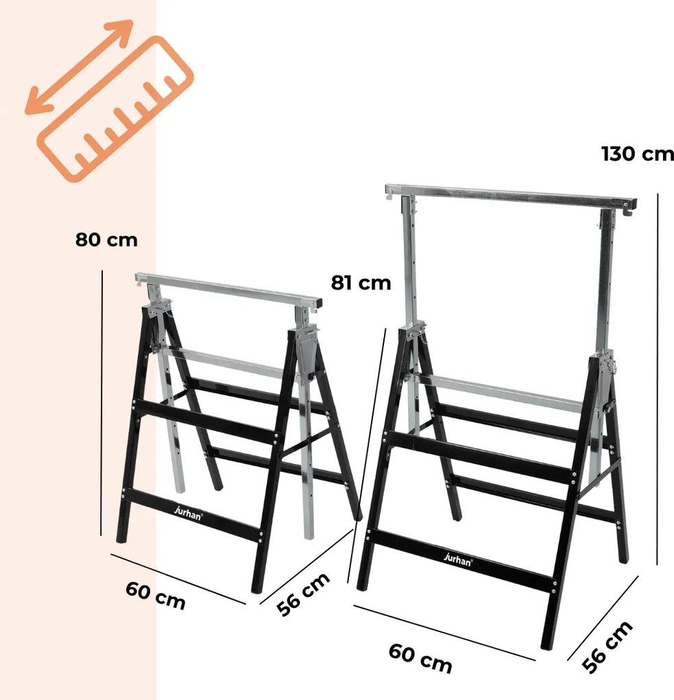 Teleskopické lešenářské kozy DANNY, sada 2 ks, max. 200kg, 60 x 56 x 81-130cm, stříbrná/černá Jurhan