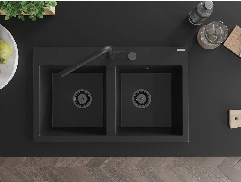 Mexen Hektor, 2-komorový granitový dřez 800x480x205 mm, černá, grafitový sifon, 6521802000-77-B