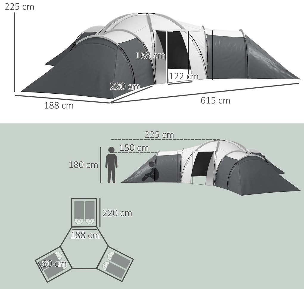 Outsunny tunelový stan kempinkový stan pro 6-9 osob se 3 ložnicemi, obývacím pokojem a verandou, 2000 mm vodní sloupec, šedý | Aosom.de