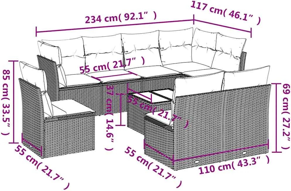 9dílná zahradní sedací souprava s poduškami černá polyratan 3217765