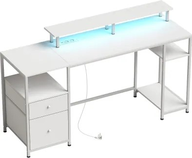 HOMCOM Stůl s LED osvětlením, zásuvkami, USB porty a držákem na monitor 155,5x48x88,5 cm Bílá