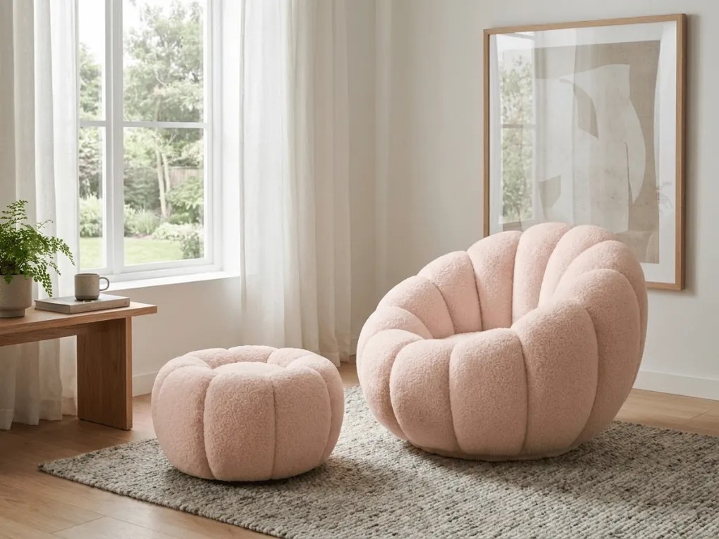 Otočné designové křeslo BLOOM s taburetem, světle růžová