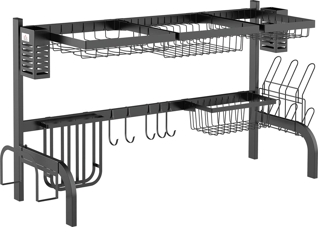 HOMCOM Sušák na nádobí, dvoupatrový stojan na nádobí s háčky, stojan na talíře, příslušenství, 100 cm sušák na nádobí pro dřez, ocel, černý | Aosom