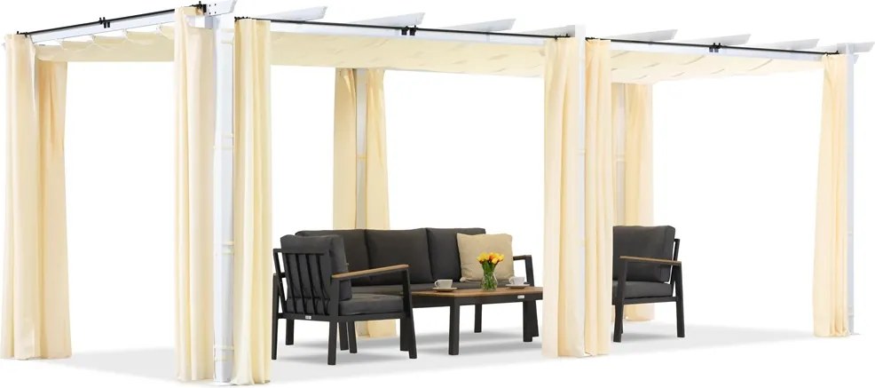 Barbados 3x6 m pergola na terasu se závěsy Garden Point bílá a béžová