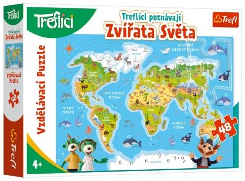 Puzzle Treflíci poznávají Zvířata světa 48 dílků 60x40cm v krabici 33x23x6cm
