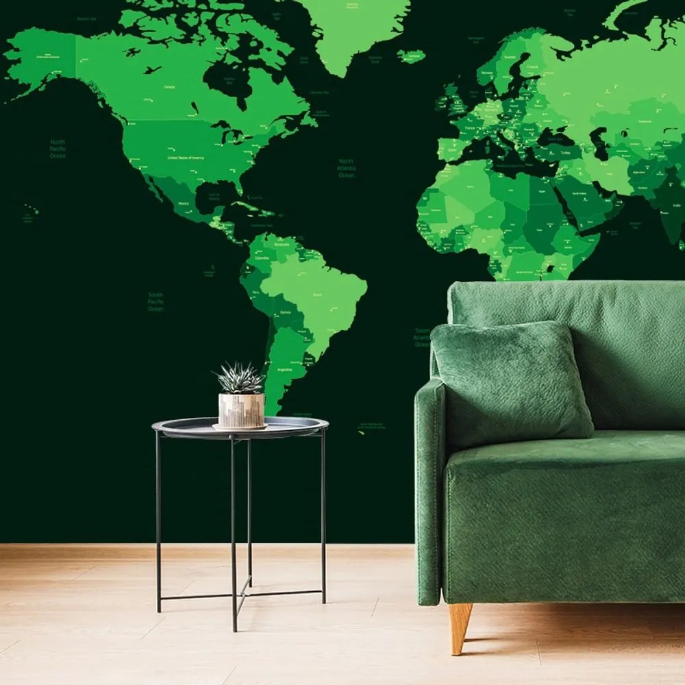 Tapeta detailní mapa světa v zelené barvě - 375x250 cm