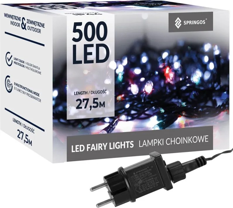 LED světelný řetěz - 27,5m, 500LED, 8 funkcí, paměť, IP44, multicolor