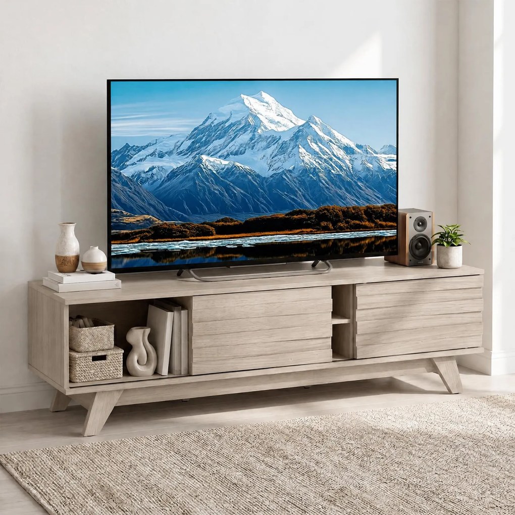 Costway TV stolek pro televizory do 55 palců s posuvnými dvířky, dub