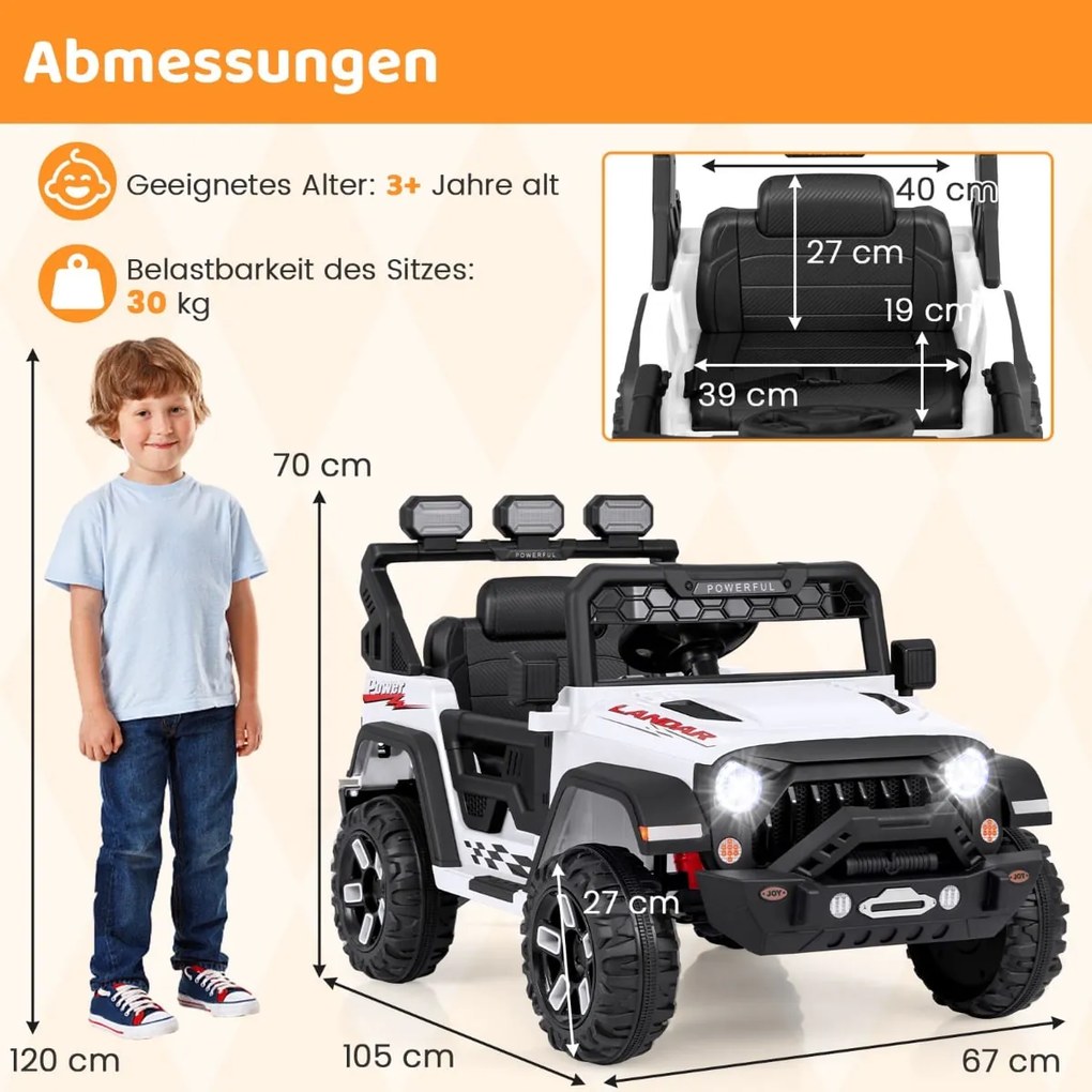 Costway Dětské elektrické auto s 2,4 G dálkovým ovládáním a USB a světlem – bílý