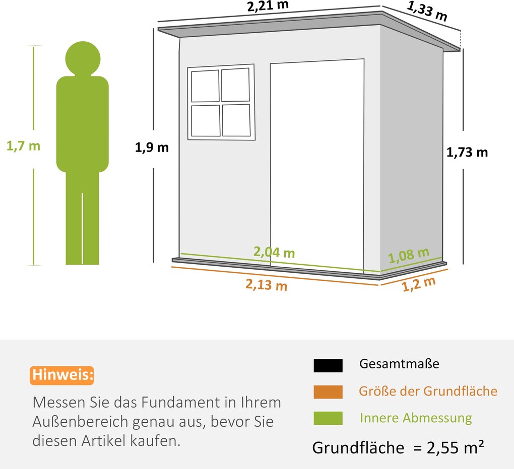 Zahradní Kůlna Outsunny 2,55m², Kůlna s Pultovou Střechou, 221 x 133 x 190/173 cm, Nářaďová Kůlna s Zamykatelnými Dveřmi, Okno, Garáž na Kolo, Ocelov…