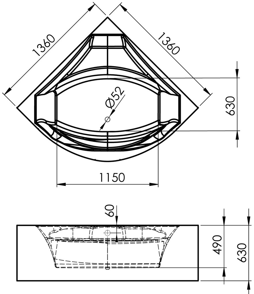 Polysan Rosana MONOLITH rohová vana 136×136×63 cm, bílá/černá, 64119MB