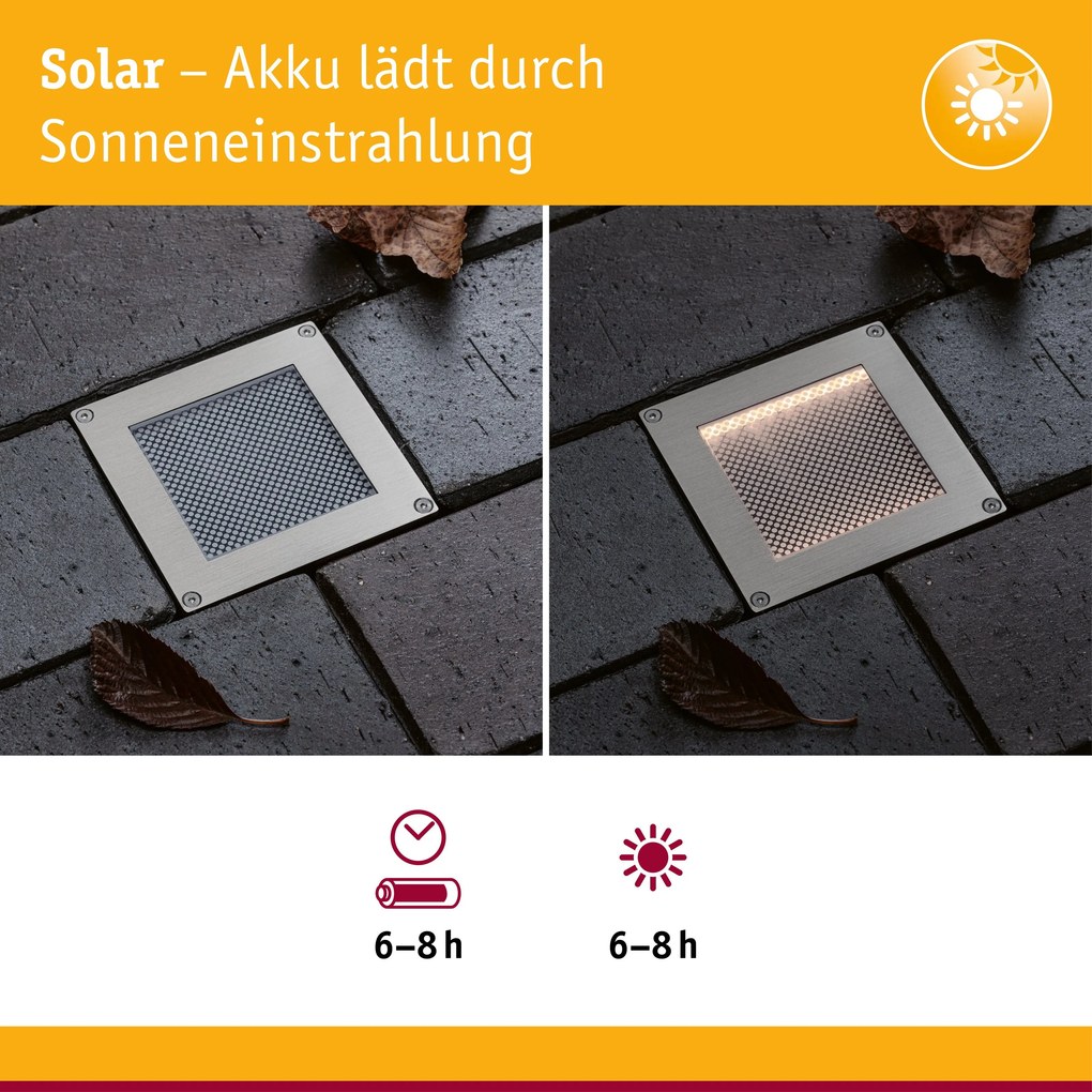 P 95742 Solární LED zemní svítidlo Sorea soumrakový senzor IP67 hranaté 100x100mm 3000K 0,1W 6lm 3,7V kov kartáčovaný ABS/polykarbonát/ocel - PAULMANN