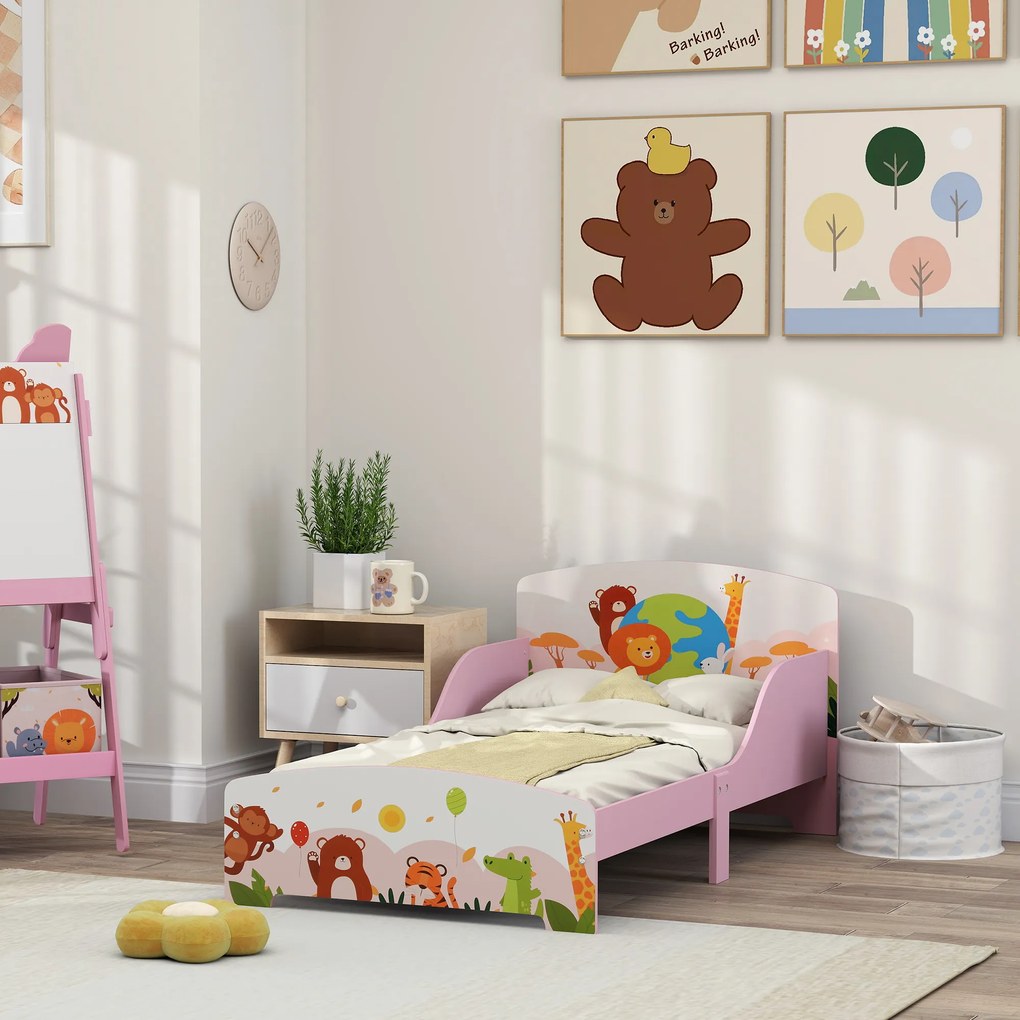 AIYAPLAY dětská postel pro děti 3+ roky z dřeva se zvýšenými okraji a bezpečnostními bočnicemi, 143x77x60 cm, růžová